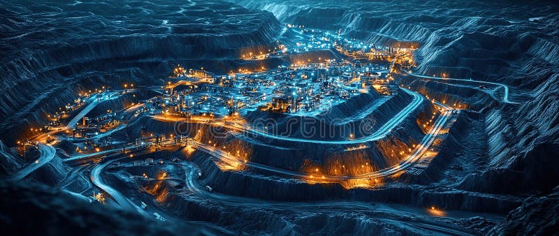 Night View of a Bustling Mining Operation with Illuminated Structures ...
