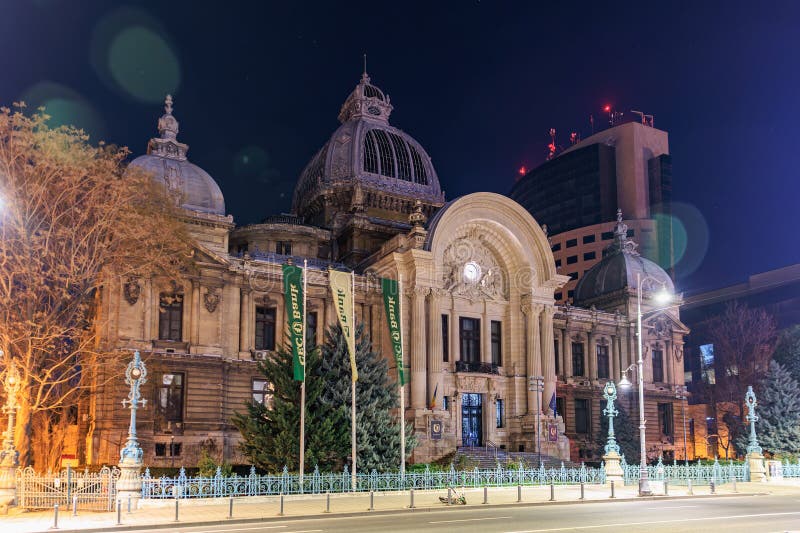 Night View of Cec Palace in Bucharest with Illuminated Architecture and ...
