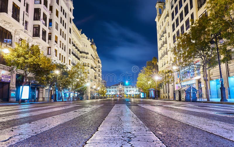 Night View of the Center of Valencia. Town Hall Square in Valencia ...