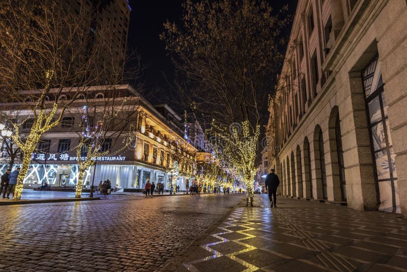 Night View of Central Avenue in Harbin Editorial Photography - Image of ...
