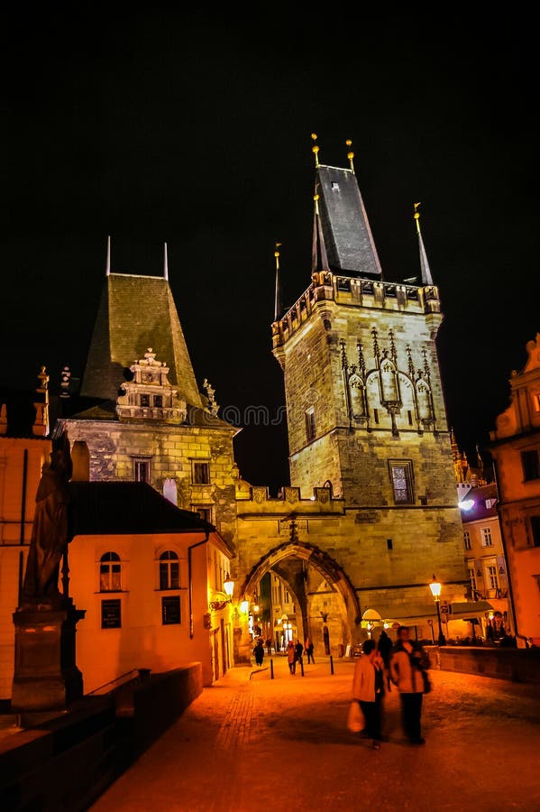 Night View on Charles Bridge in Prague Editorial Stock Image - Image of ...