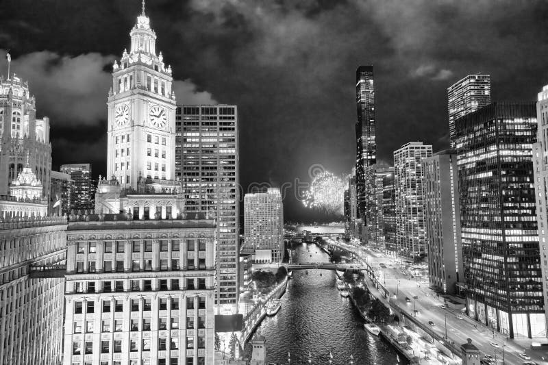 Night View of Chicago Skyscrapers from City Rooftop, Fireworks on the ...