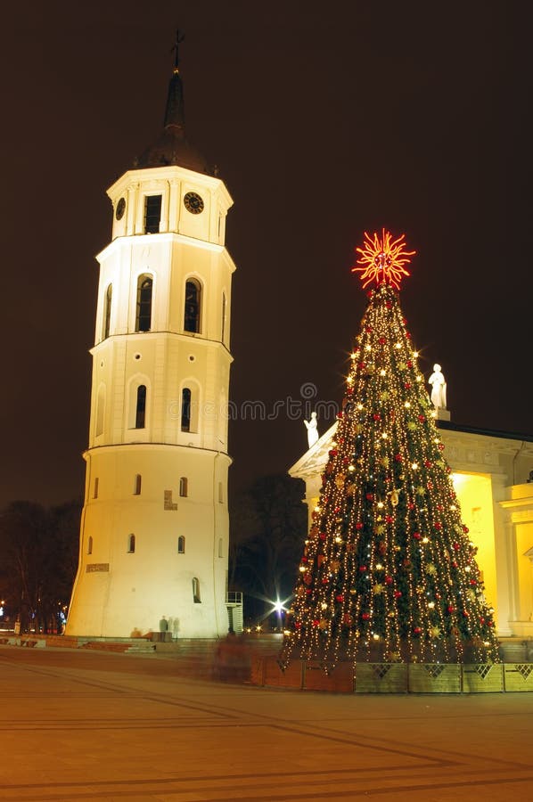Night View of the Christmas Tree and Bell Tower Stock Photo - Image of ...