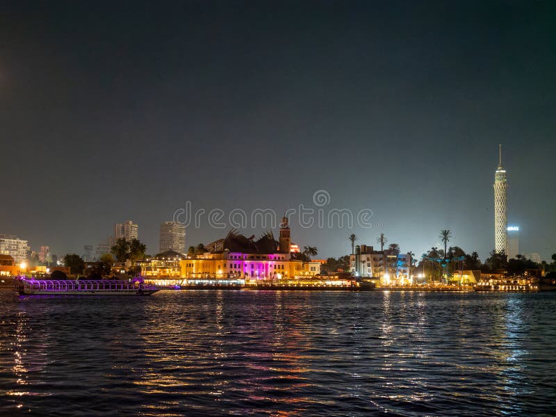 Night View of the City of Cairo Form a Boat on the Nile River , Egypt ...