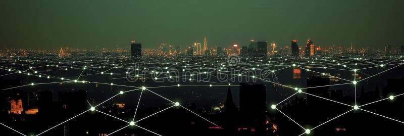 Night View of City with Glowing Network Overlays Visible Stock ...