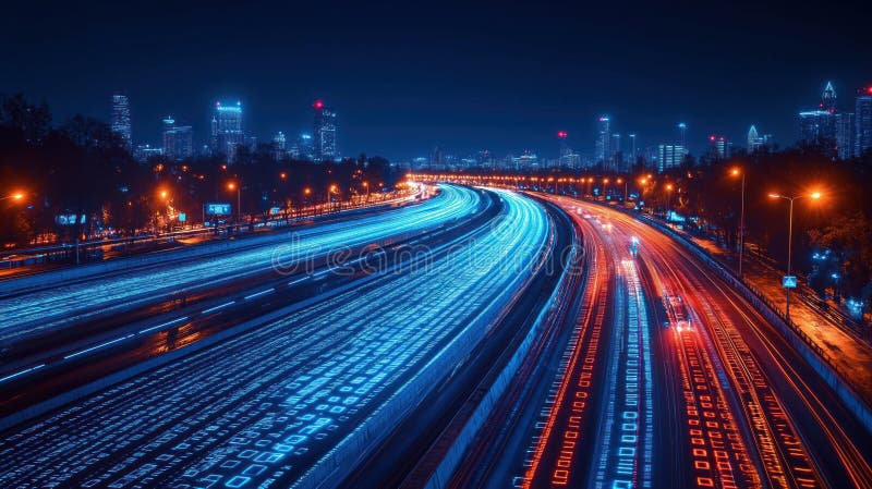 Night View of City Highway. Cars Move Fast with Light Trails. Binary ...