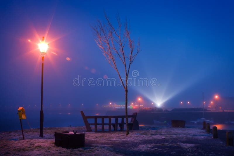 Night View of City River in Winter Fog Stock Image - Image of light ...