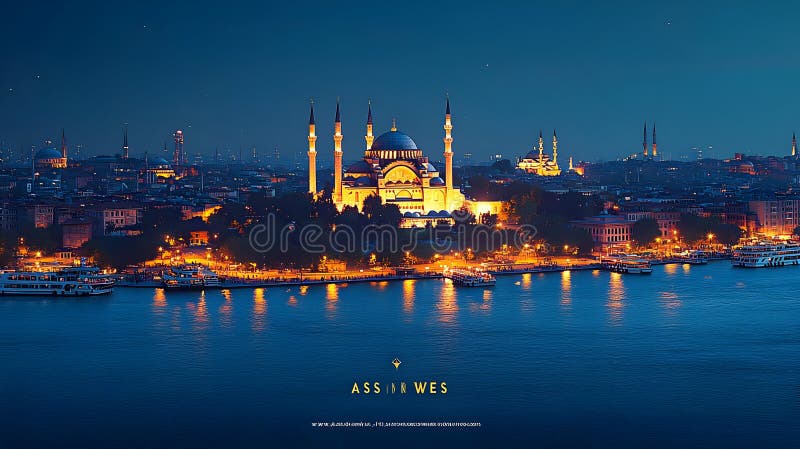 A Night View of a City Skyline Featuring a Prominent Mosque and River ...