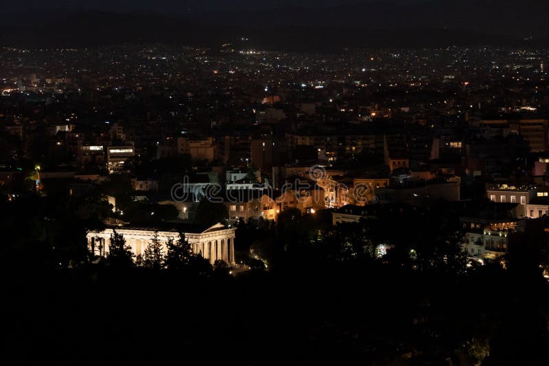 Night View of the Cityscape of Athens, Greece with Temple of Hephaestus ...