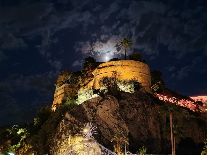 Night View of a Cliff in Monaco with a Castle on Top Stock Image ...