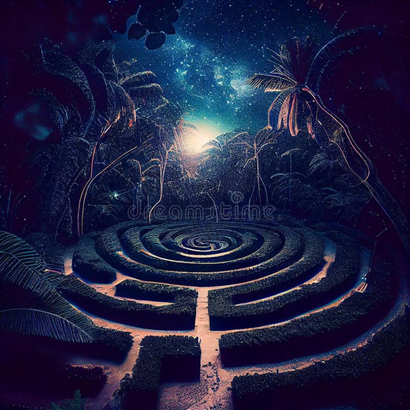 Night View with Colored Lights, Maze Scene with Galaxy Sky, Darkness ...