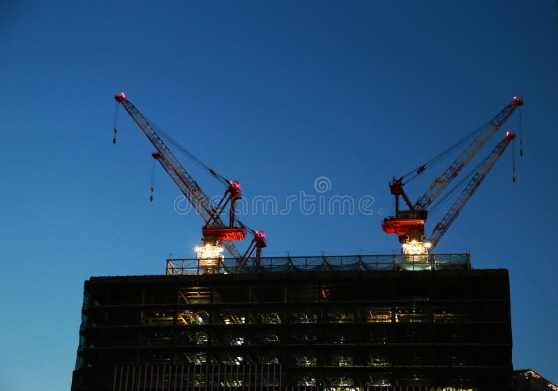 Night View of Construction Site Crane Work Stock Image - Image of ...