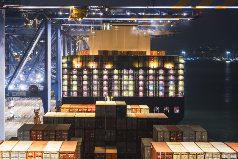 Container Ship Docked Busy Port Illuminated Cranes Stacked Cargo ...