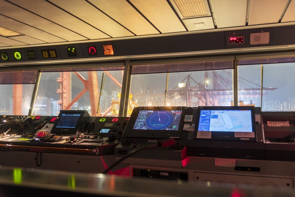 Night View of the Control Console on the Navigational Bridge of the ...