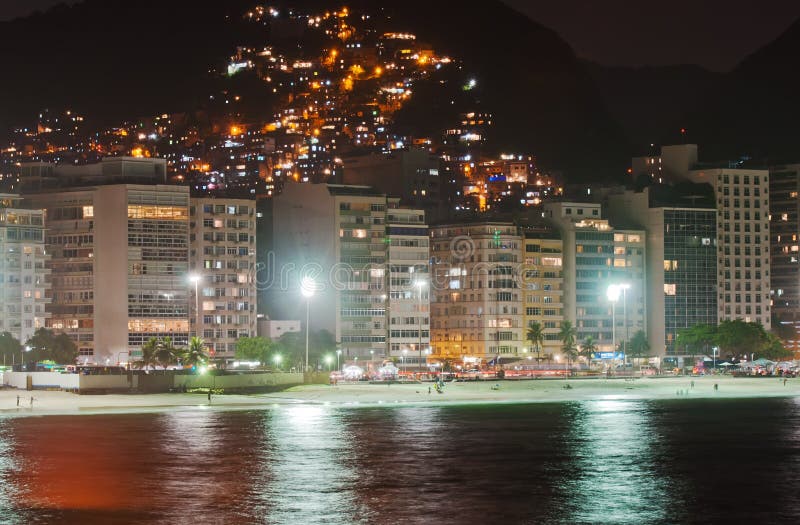 Night View of Copacabana Beach in Rio De Janeiro Stock Image - Image of ...