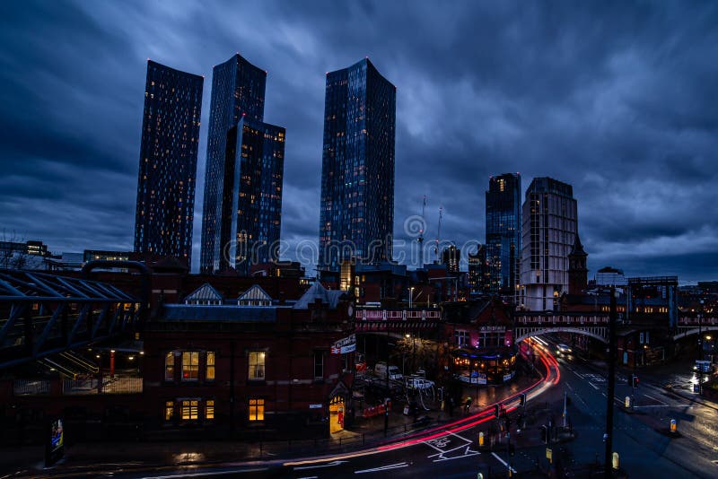 Night View of Deansgate Square with Four Skyscraper Towers Under the ...