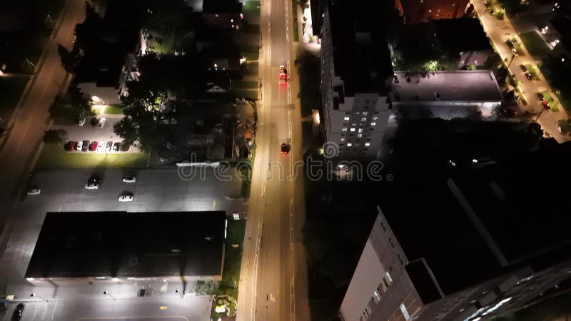 Night View by Drone of a Long Road with Light Traffic and Illuminated ...