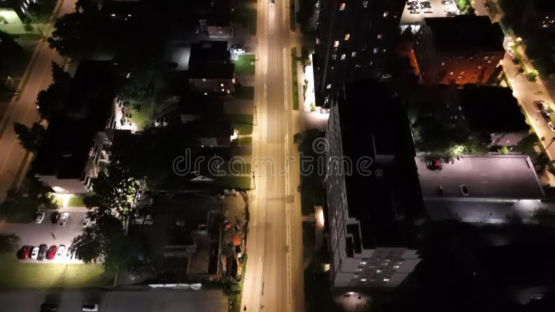 Night View by Drone of a Long Road with Light Traffic and Illuminated ...