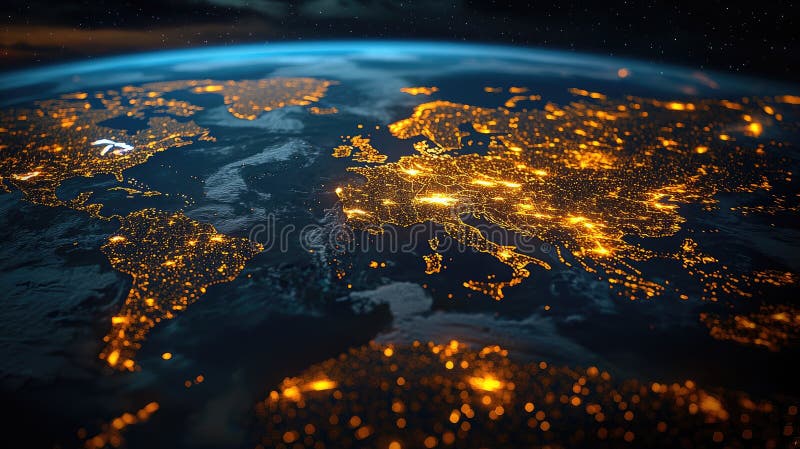 Night View of Earth from Space with City Lights Illuminating Continents ...