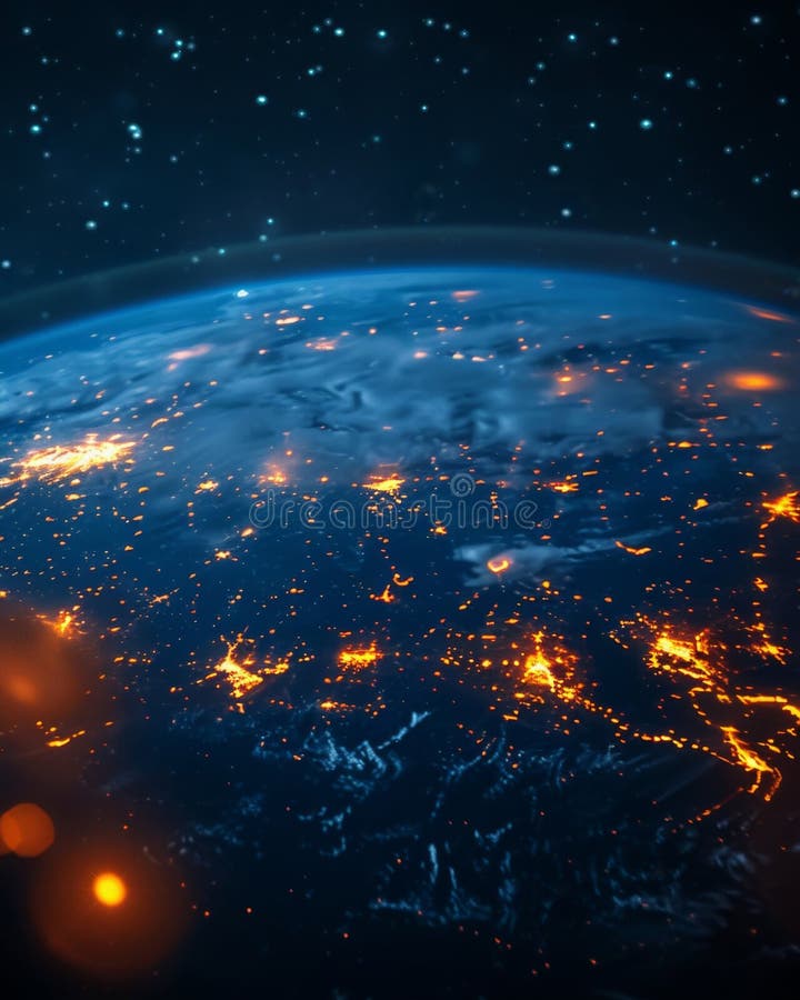 Night View of Earth from Space with Glowing City Lights Depicting ...