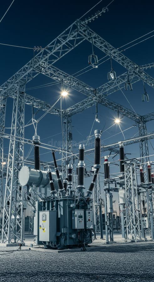 Night View of an Electrical Substation with Illuminated Transformers ...