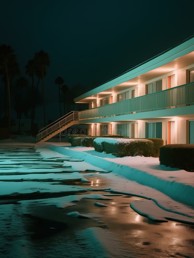 Night View of an Empty Hotel with Glowing Window Lights during Winter ...