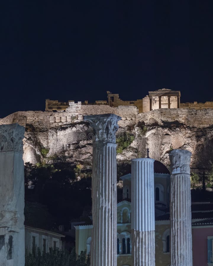 Night View of Erechtheum Ancient Greek Temple on Acropolis Hill with ...