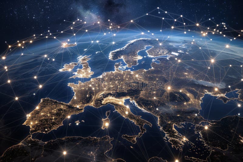 Night View of Europe from Orbit with Illuminated Cities and ...