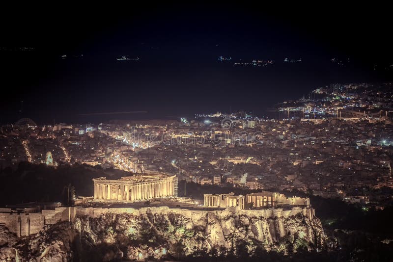 Night View of Famous Acropolis in Athens in Greece. Stock Photo - Image ...