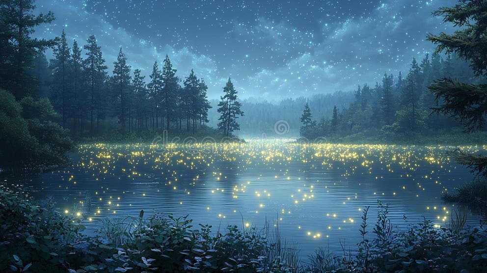 Night view of Firefly Lake stock photo. Image of lake - 373866586