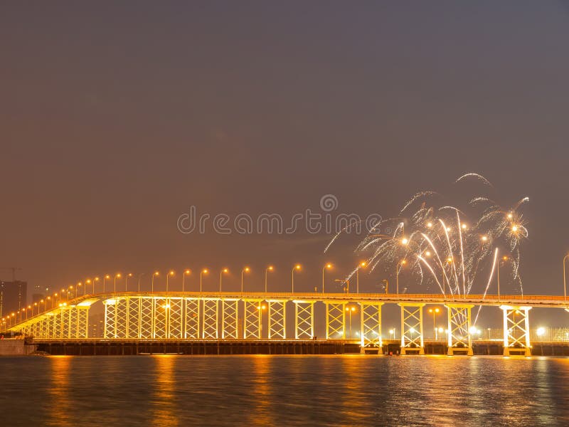 Night View of the Fireworks Over Bridge Stock Photo - Image of water ...