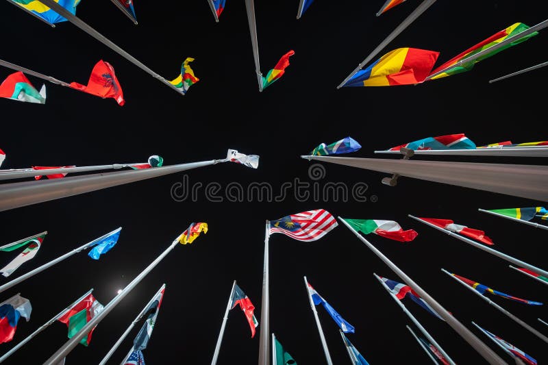 Night View of Flags from All Over the World Stock Photo - Image of ...