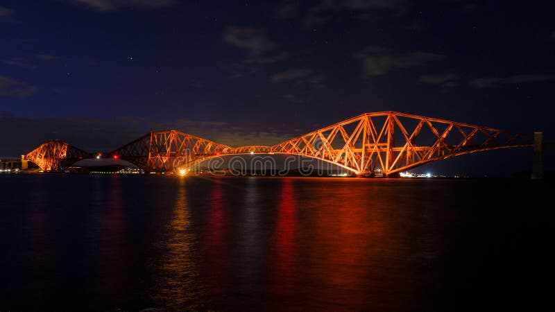 Night View of Forth Ril Bridge from South Queensferry Harbour, Scotland ...