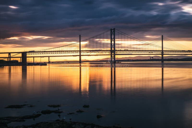 Night View of the Forth Road Bridge and Queensferry Crossing in Stock ...