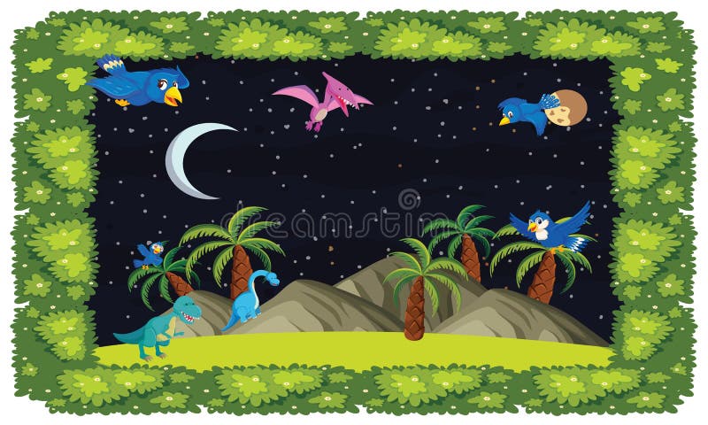 Night View Frame of Nature with Playing Animals Stock Vector ...