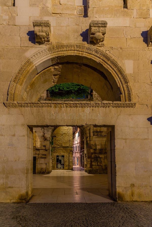 Night View of the Golden Gate of Diocletian Palace in Split, Croatia ...