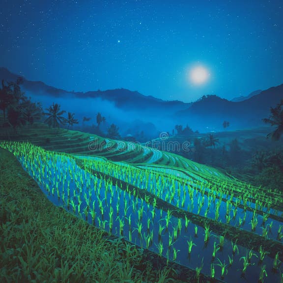 Night View of Green Rice Fields with Full Moon Stock Photo - Image of ...