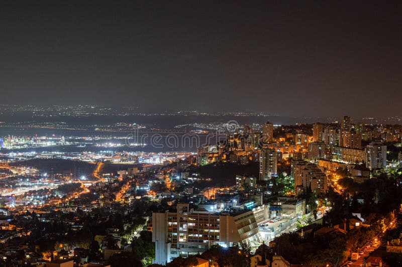 Night View of the Haifa City and Akko Bay Stock Photo - Image of tower ...