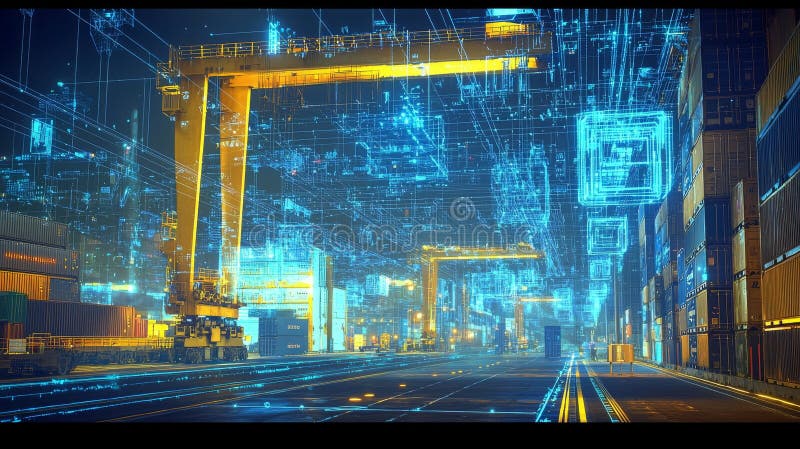 Night View of a High-tech Shipping Yard with Illuminated Containers and ...