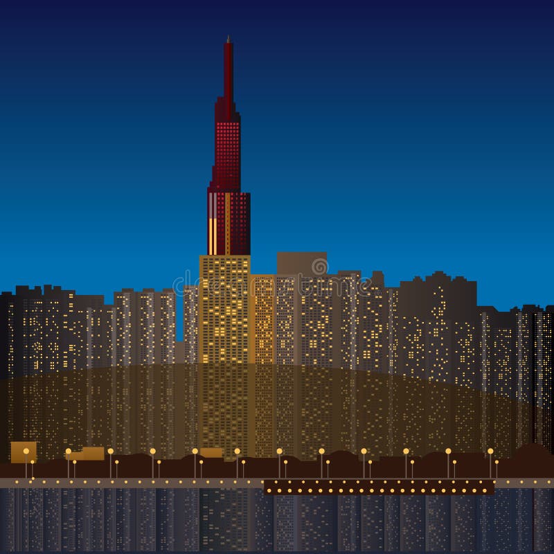 Night View of Ho Chi Minh City and Saigon River Stock Illustration ...