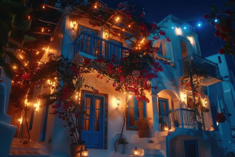 Night View of Hotel on Santorini Island in Greece Stock Illustration ...