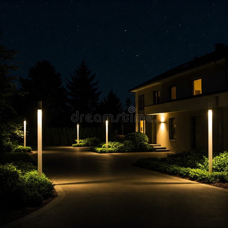 House Illuminated Driveway Lights Night (Generated with AI) Stock ...