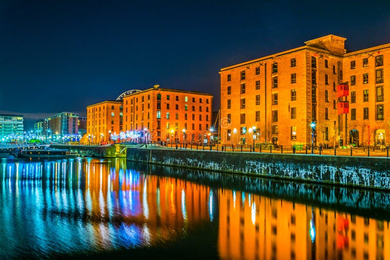 Night View of Illuminated Albert Dock in Liverpool, England Editorial ...