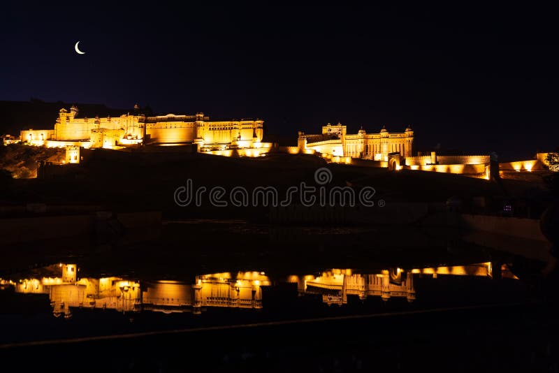 Night View of the Illuminated Amer Fort in Jaipur, India Stock Photo ...