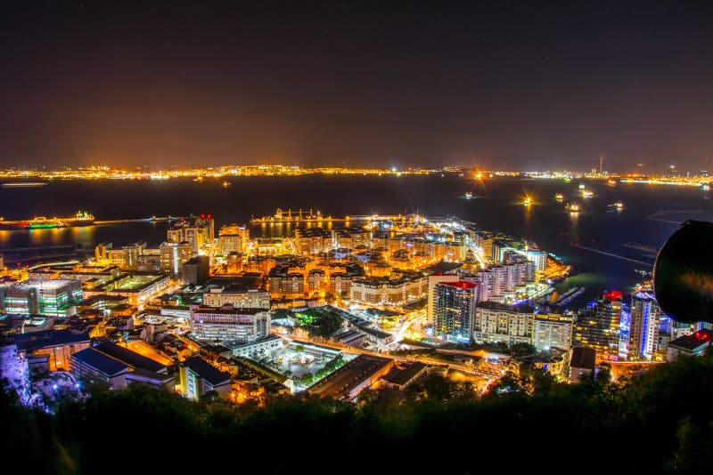 Night View of Illuminated Gibraltar and Algeciras Bay...IMAGE Stock ...