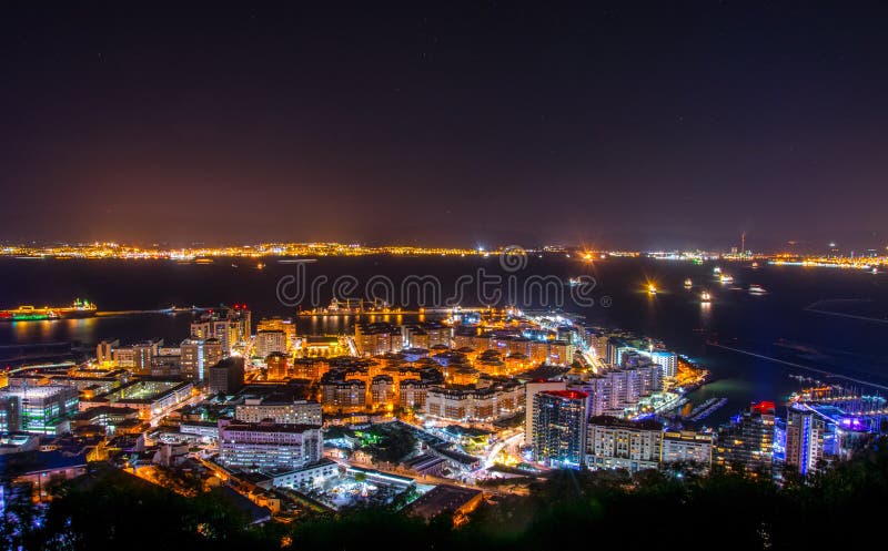 Night View of Illuminated Gibraltar and Algeciras Bay...IMAGE Stock ...