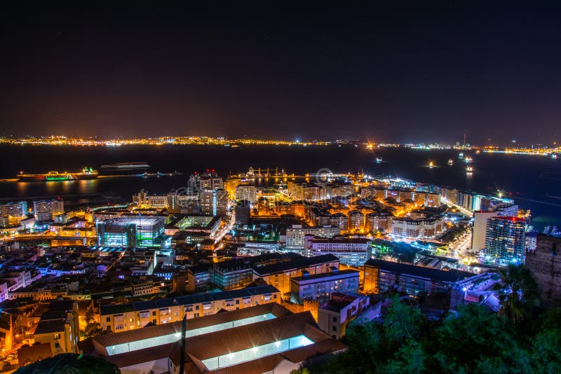 Night View of Illuminated Gibraltar and Algeciras Bay...IMAGE Stock ...