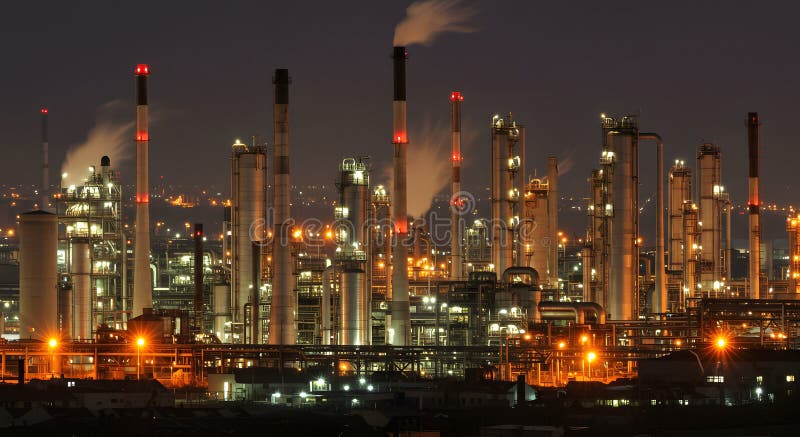 Night View of an Illuminated Industrial Refinery Complex, Showcasing ...
