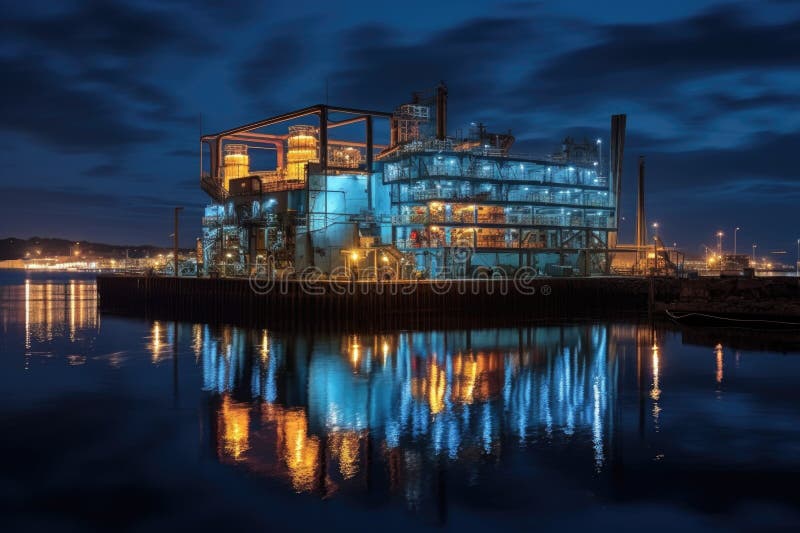 Night View of Illuminated Marine Power Plant Installation Stock Photo ...