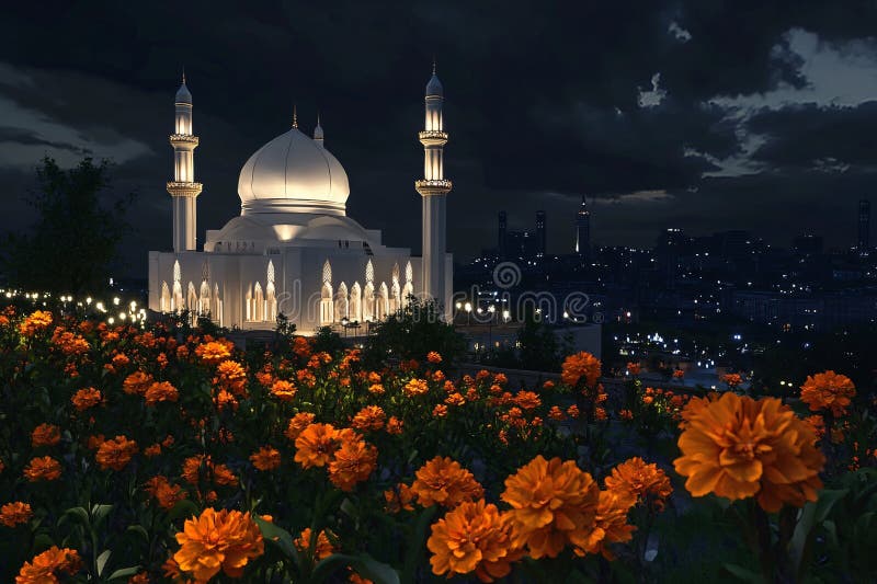 Night View Illuminated Mosque Cityscape Flowers High Quality Image ...